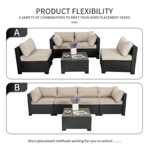 Outdoor Patio PE Wicker 5 Piece Furniture Set, Black Rattan Sectional Conversation Sofa Chair with Coffee Table,Khaki Cushion