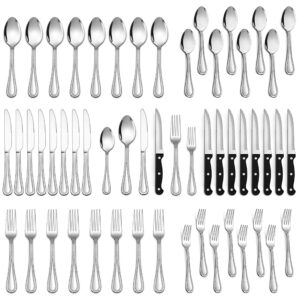 lianyu silverware flatware set for 12, 72-piece silverware cutlery set with steak knives, fancy stainless steel eating utensils tableware include forks spoons knives, beaded edge, dishwasher safe