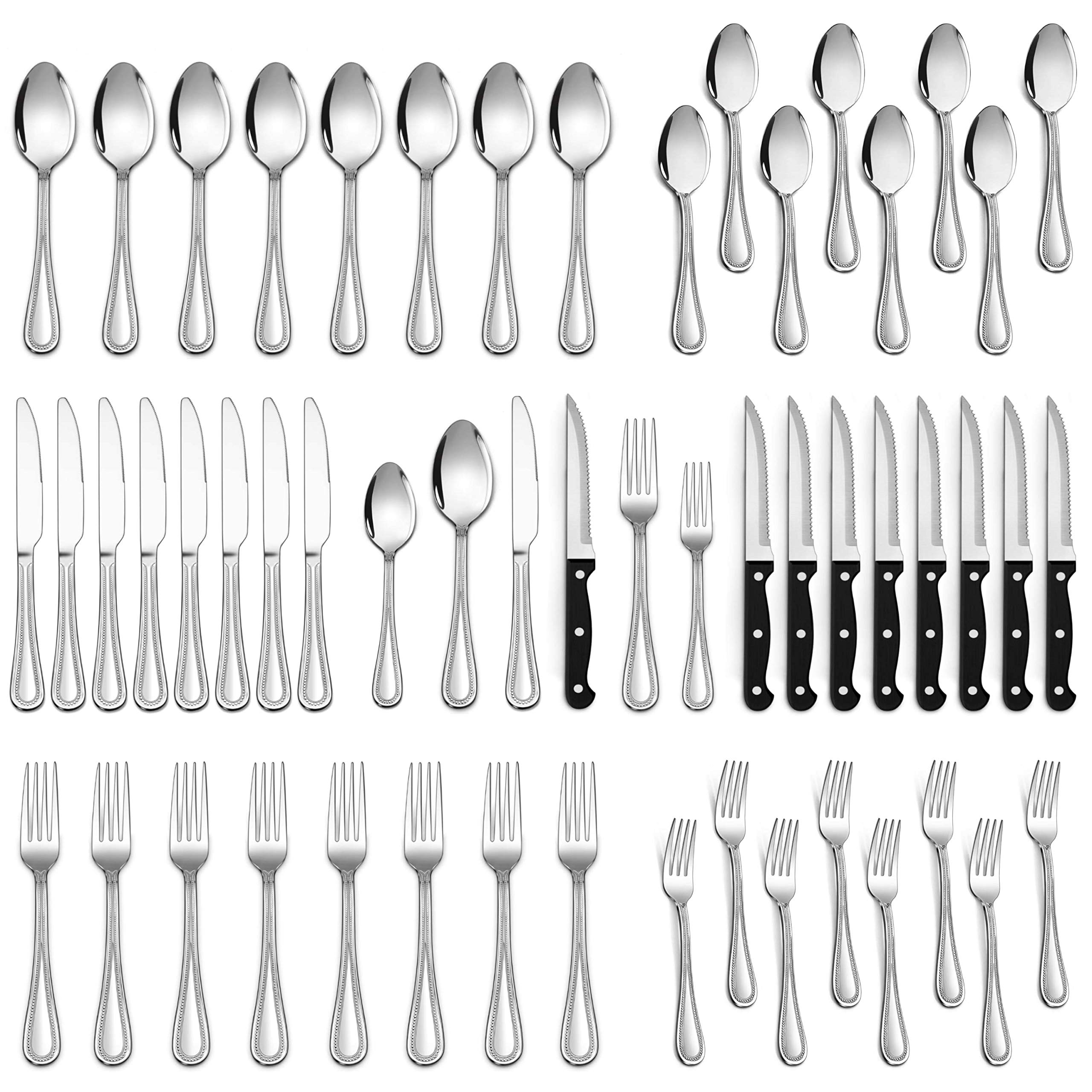 LIANYU Silverware Flatware Set for 12, 72-Piece Silverware Cutlery Set with Steak Knives, Fancy Stainless Steel Eating Utensils Tableware Include Forks Spoons Knives, Beaded Edge, Dishwasher Safe