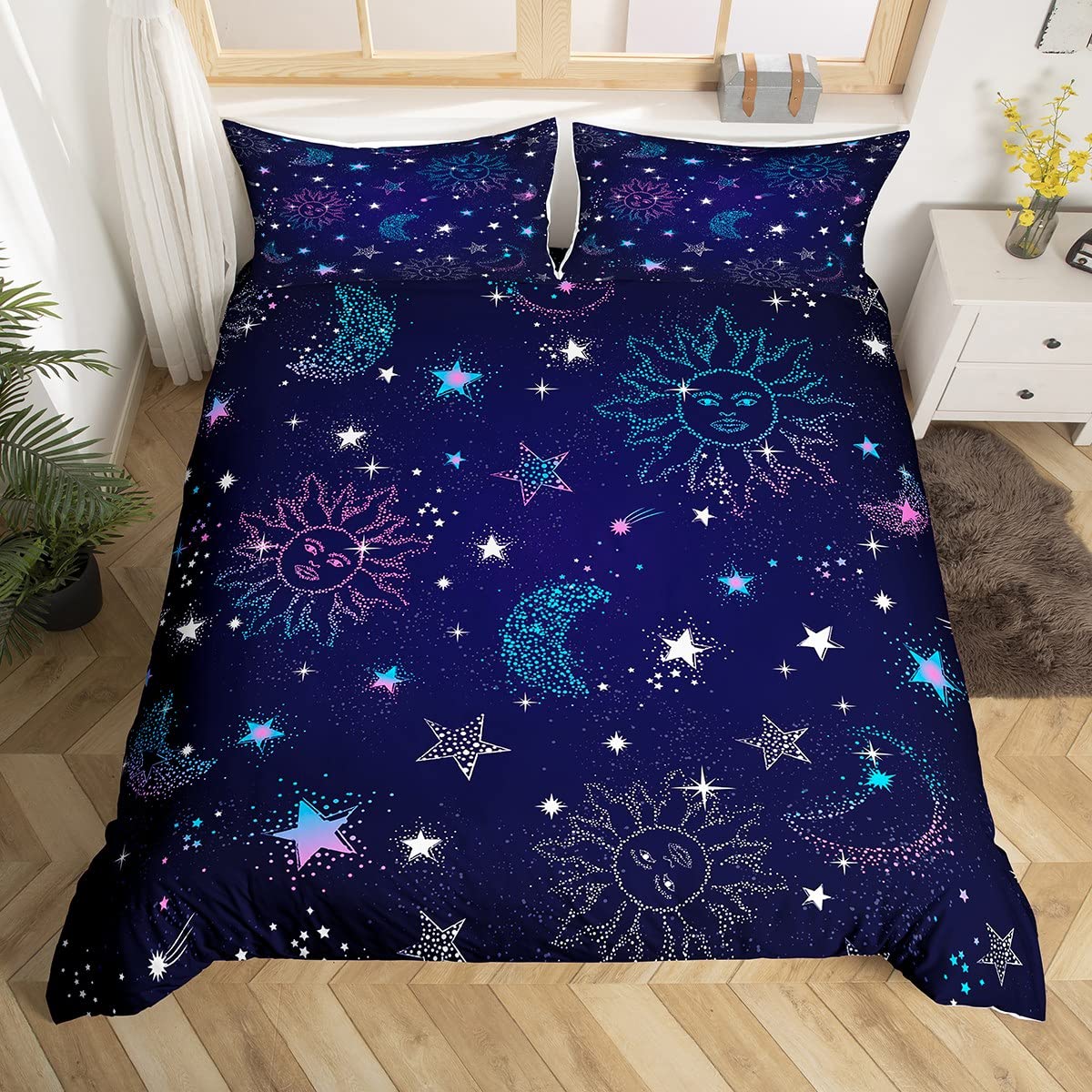 Castle Fairy Blue Universe Comforter Cover Sets King Sun Moon Stars Print Duvet Set Teens Youngs Galaxy Space Theme 3 Pieces Bedding Sets(1 Duvet Cover 2 Pillow Cases),No Comforter