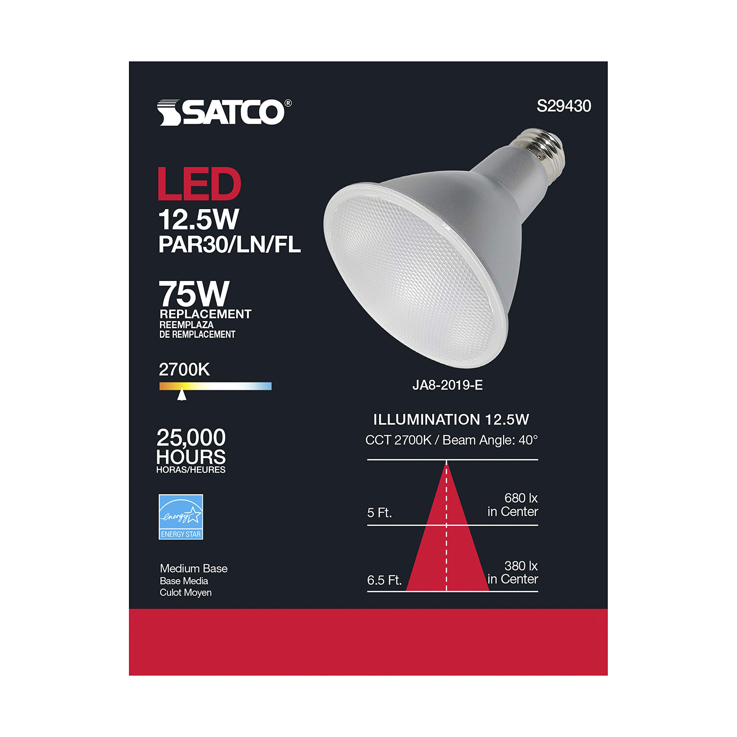 SATCO S29430 12.5 Watt 120 Volt PAR30LN Reflector LED Light Bulb 2700K; 40 deg. Beam Angle; E26 Medium Base 6 LED Light Bulbs