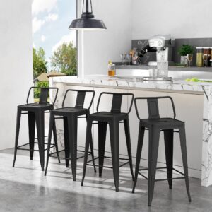 apeaka 24 inch metal bar stools set of 4 modern counter height stools with backs industrial low back bar chairs for indoor outdoor matte black