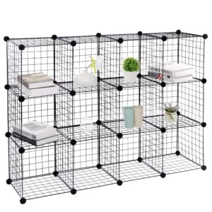 SUPER DEAL Metal Wire Cube Storage Organizer, 12 Cubes DIY Modular Cabinet Bookcase Bookshelf Shoe Rack Stackable Wire Cube Closet for Home, Office, Living Room, Bedroom