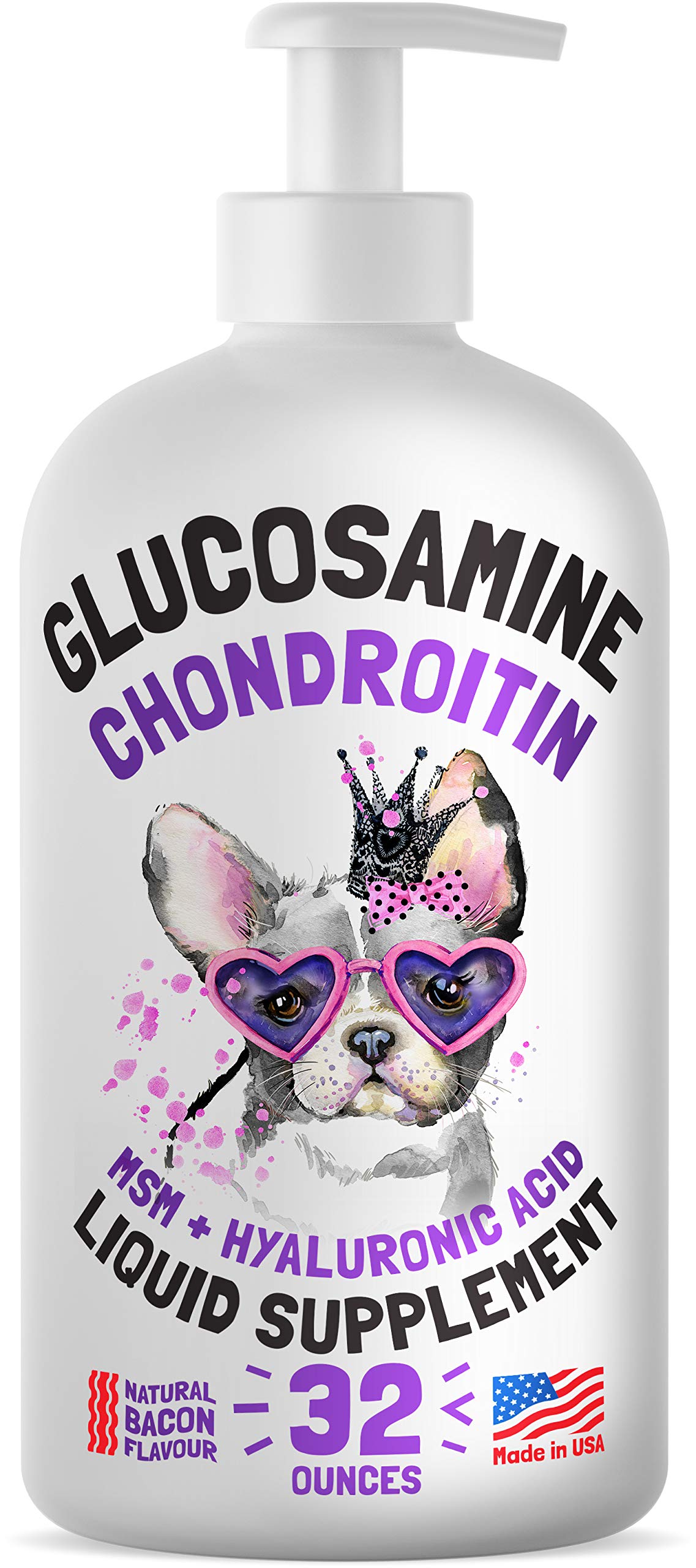 Liquid Glucosamine for Dogs Bacon Flavour Chondroitin, MSM & Hyaluronic Acid K9 Supplement Hip and Joint Formula Advanced Mobility Joint Pain Relief Senior Advanced Supplement for All Breeds 32 oz