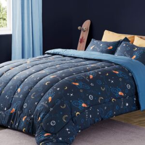 sleep zone kids bedding twin comforter set - super soft & cute printed 2-piece comforter set all seasons for boys, girls, fade resistant, machine washable, space rocket