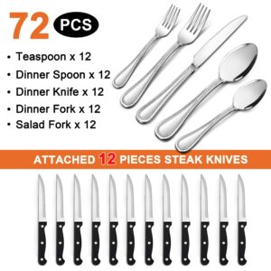 LIANYU Silverware Flatware Set for 12, 72-Piece Silverware Cutlery Set with Steak Knives, Fancy Stainless Steel Eating Utensils Tableware Include Forks Spoons Knives, Beaded Edge, Dishwasher Safe