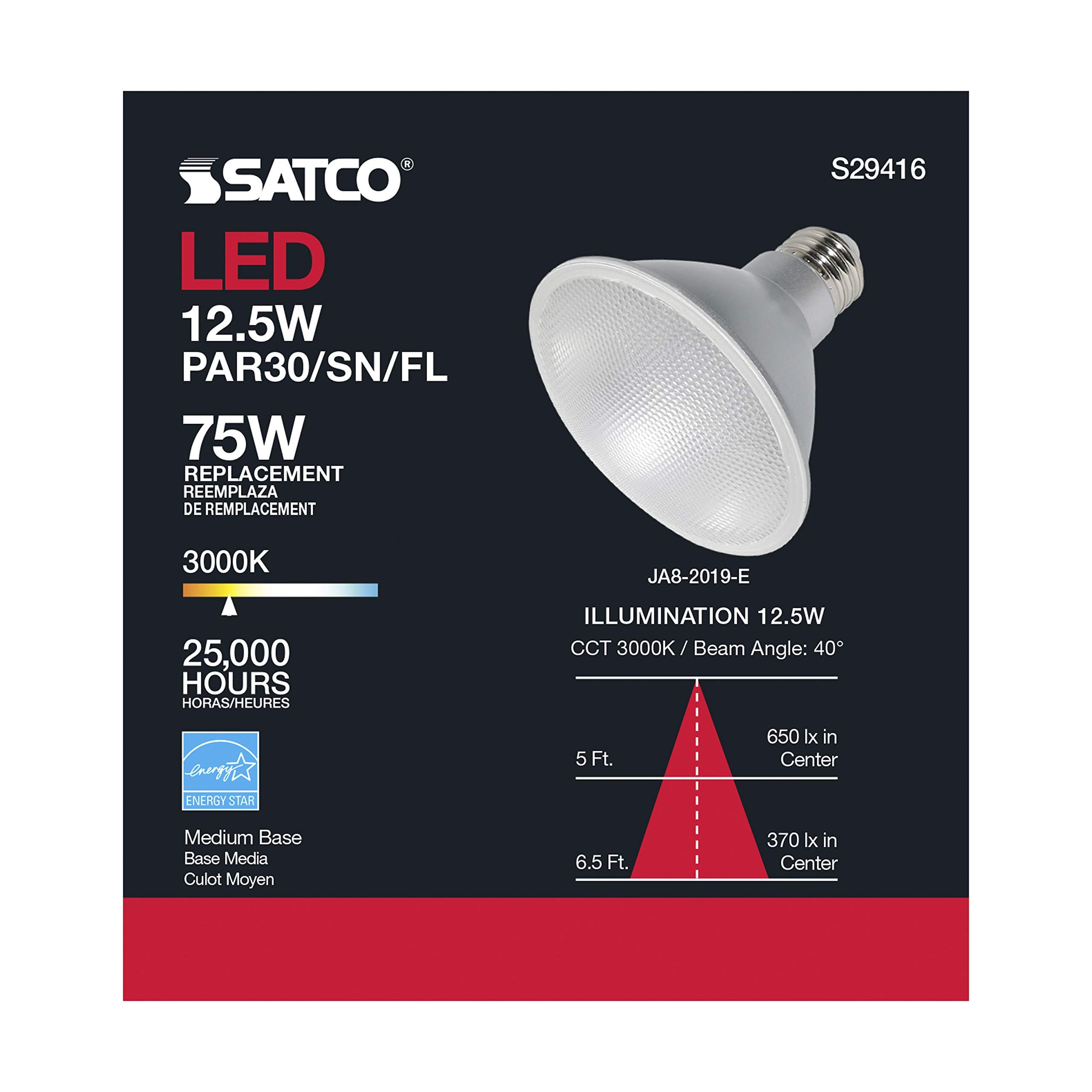 SATCO S29416 12.5 Watt 120 Volt; Reflector PAR30SN LED Light Bulb; 3000K Soft White; 40 deg. Beam Angle; E26 Medium Base, Dimmable (6 LED Light Bulbs)