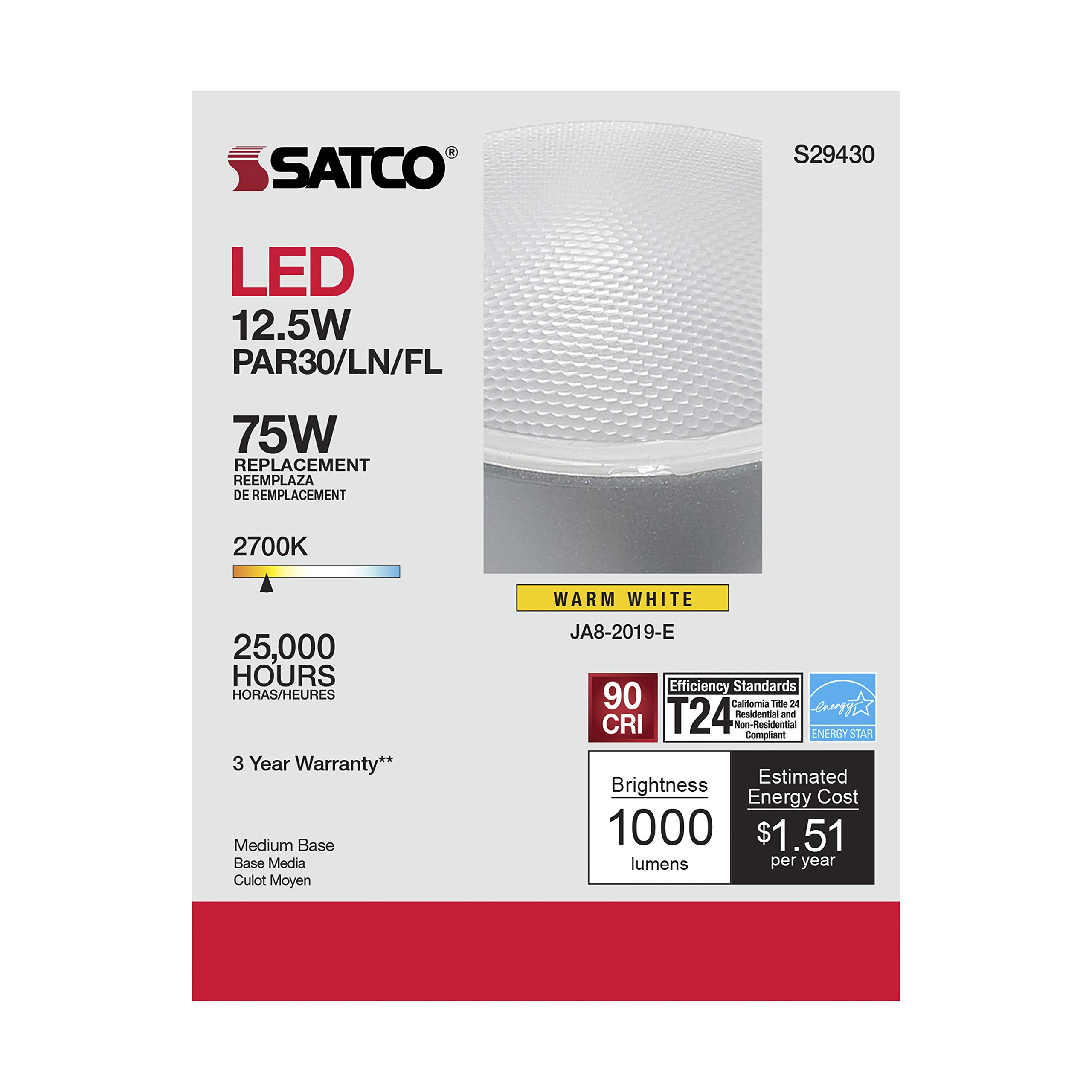 SATCO S29430 12.5 Watt 120 Volt PAR30LN Reflector LED Light Bulb 2700K; 40 deg. Beam Angle; E26 Medium Base 6 LED Light Bulbs