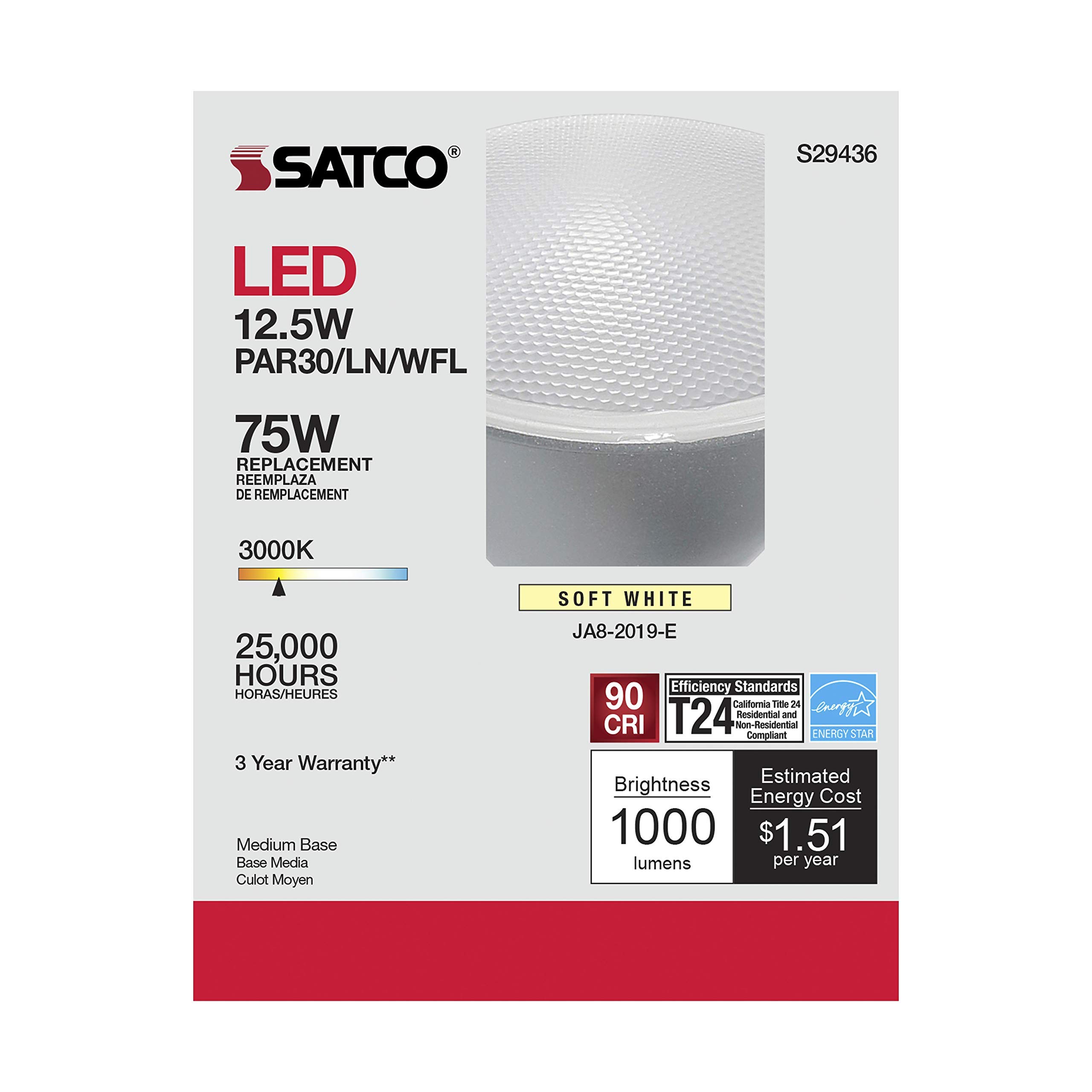 Satco S29436 12.5 Watt 120 Volt PAR30LN LED Light Bulb; 3000K Soft White Light; 1000 Lumen; 60 deg. Beam Angle; E26 Medium Base (6 LED Light Bulbs)