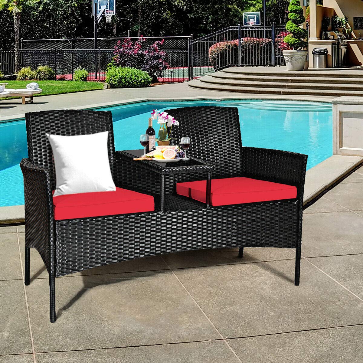 HAPPYGRILL Patio Loveseat Rattan Wicker Loveseat with Coffee Table, Outdoor Conversation Sofa Furniture with Cushions for Garden Lawn Backyard Porch