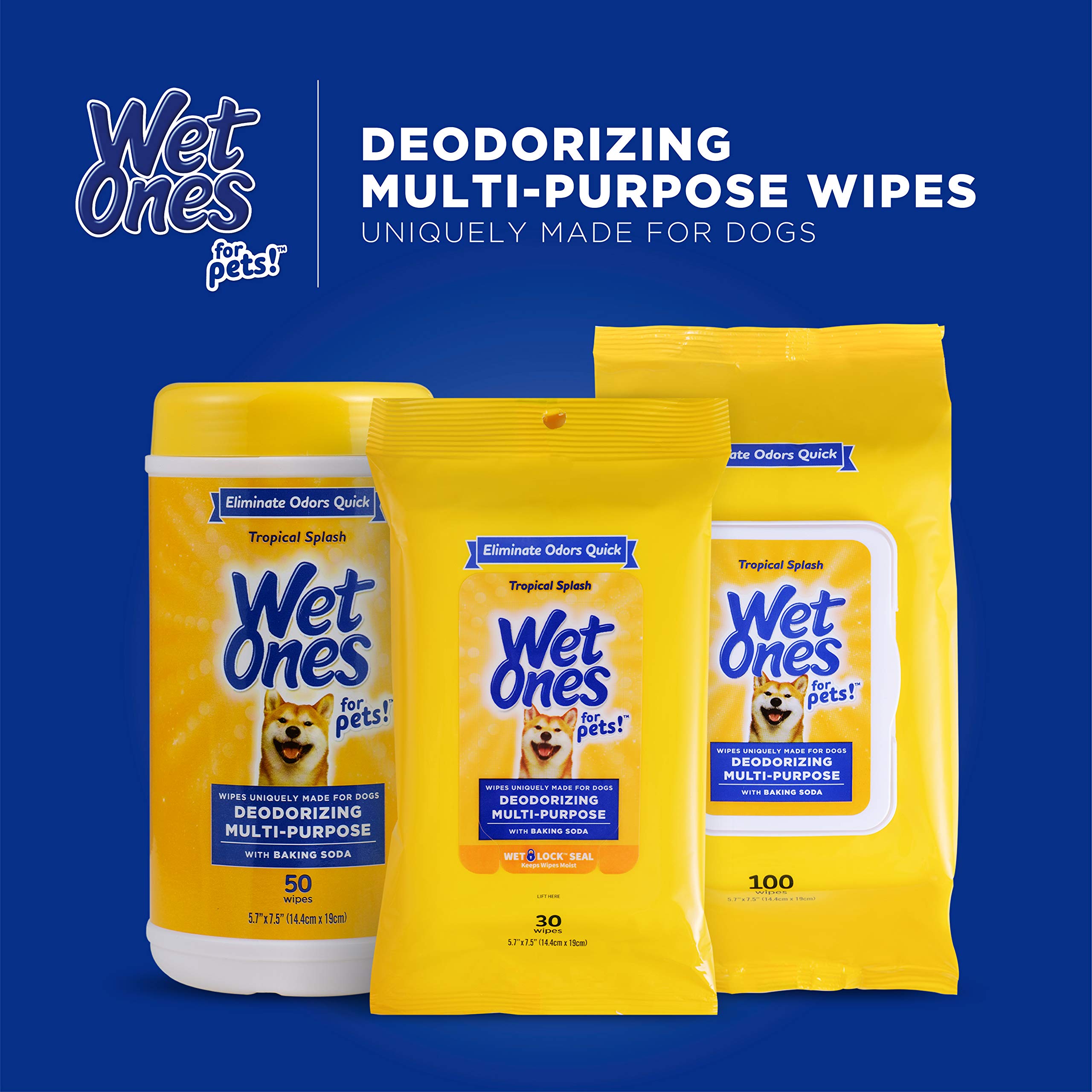 Wet Ones for Pets Deodorizing Multi-Purpose Dog Wipes With Baking Soda, 50 Count - 3 Pack| Dog Deodorizing Wipes For All Dogs in Tropical Splash Scent, Wet Ones Wipes for Deodorizing Dogs