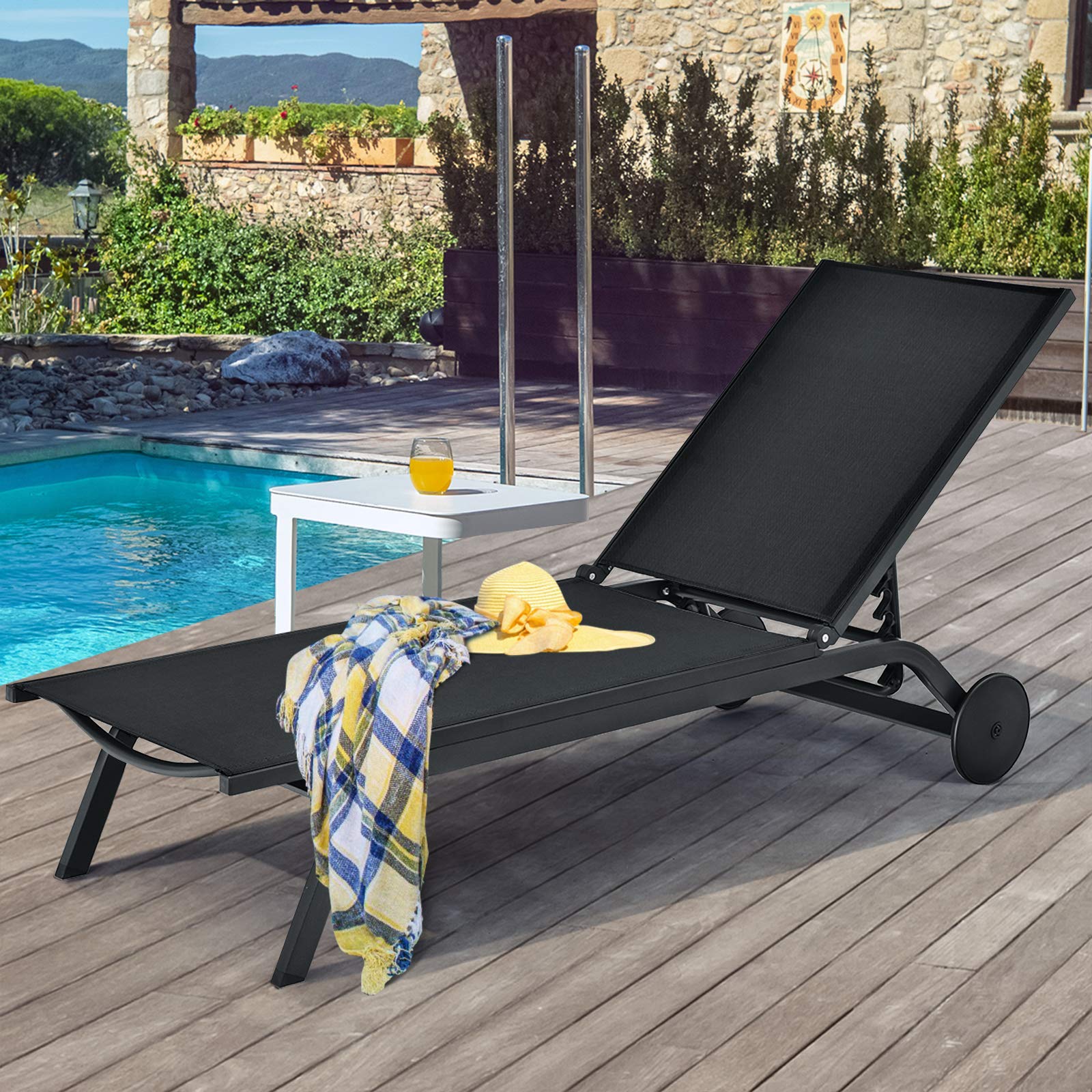 Giantex Lounge Chairs for Outside Patio Chaise Lounges Aluminum Recliner W/Adjustable 6 Backrest Positions and Wheels for Patio Beach Poolside Outdoor Sunbathing Chair(1, Black)