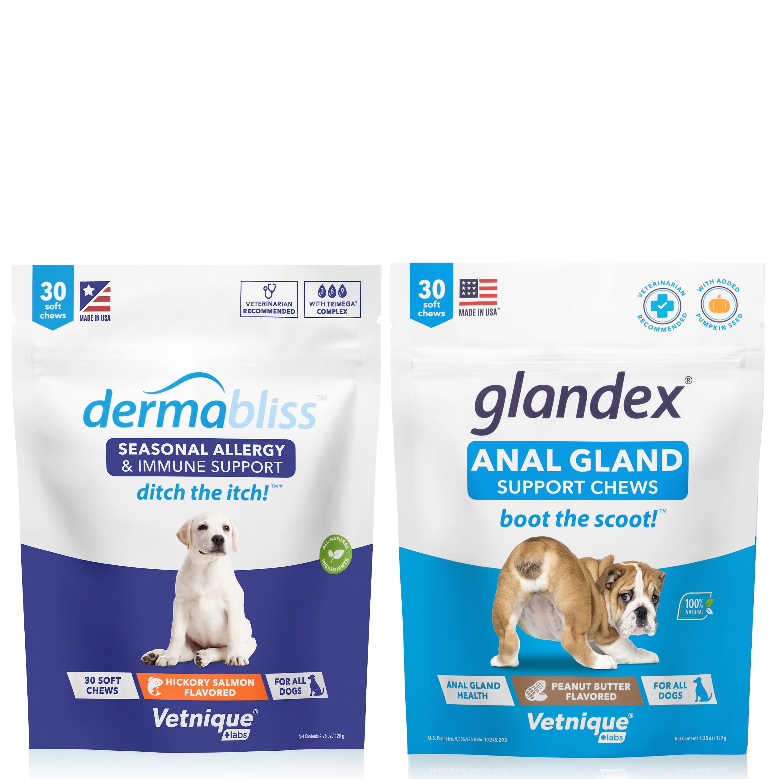 Dermabliss Allergy Chews 30 Ct and Glandex Anal Gland Support Chews 30 Ct Bundle Dog Vitamins & Supplements, Anal Gland Dog Treats with Probiotics, Dog Allergies Skin Treatment Soft Chew