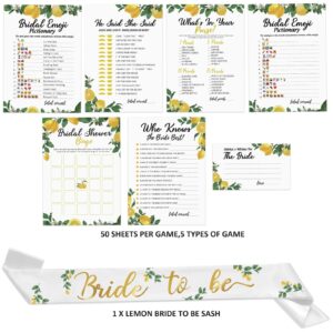 Lemon Bridal Shower Game with Bride to Be Sash-Set of 6 Activities Lemonade Bridal Shower Bachelorette Before Wedding Game for 50 Guests- 300 Cards Total, 50 Per Game, Gold