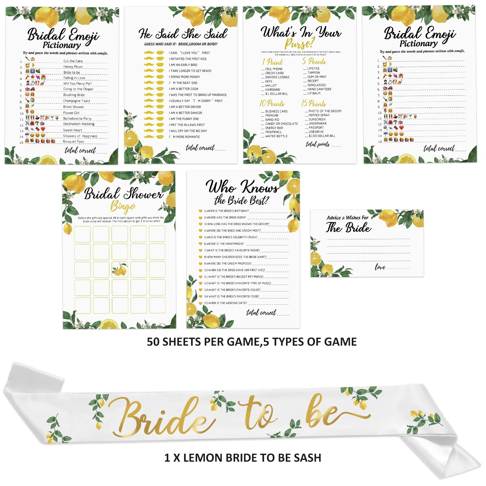 Lemon Bridal Shower Game with Bride to Be Sash-Set of 6 Activities Lemonade Bridal Shower Bachelorette Before Wedding Game for 50 Guests- 300 Cards Total, 50 Per Game, Gold