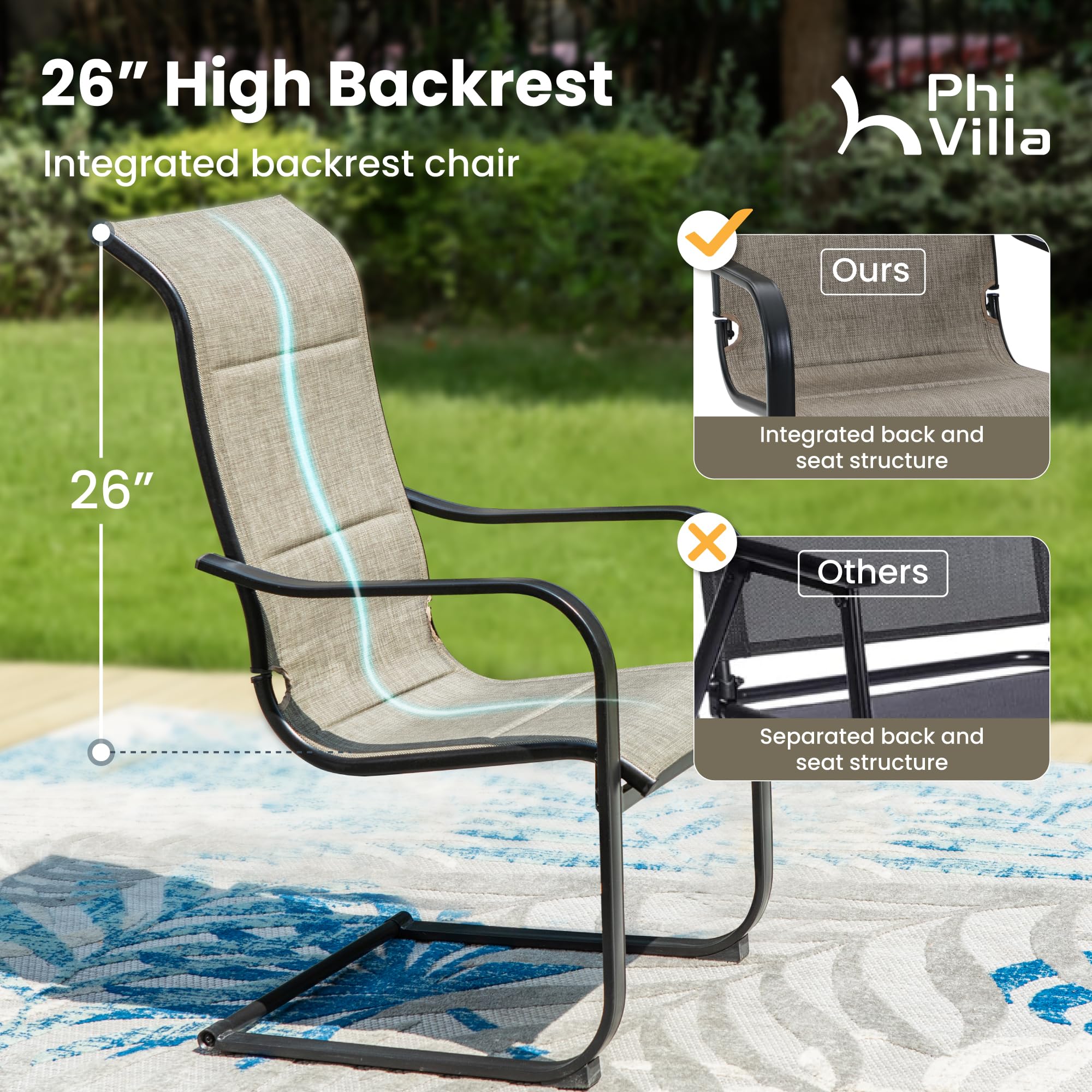 PHI VILLA 7 Piece Outdoor Patio Dining Set, 60"x38" Rectangle Dining Table(1.57" Umbrella Hole) & 6 High Back Rocking Chairs with Padded, Outdoor Furniturte Set for Patio, Yard, Deck