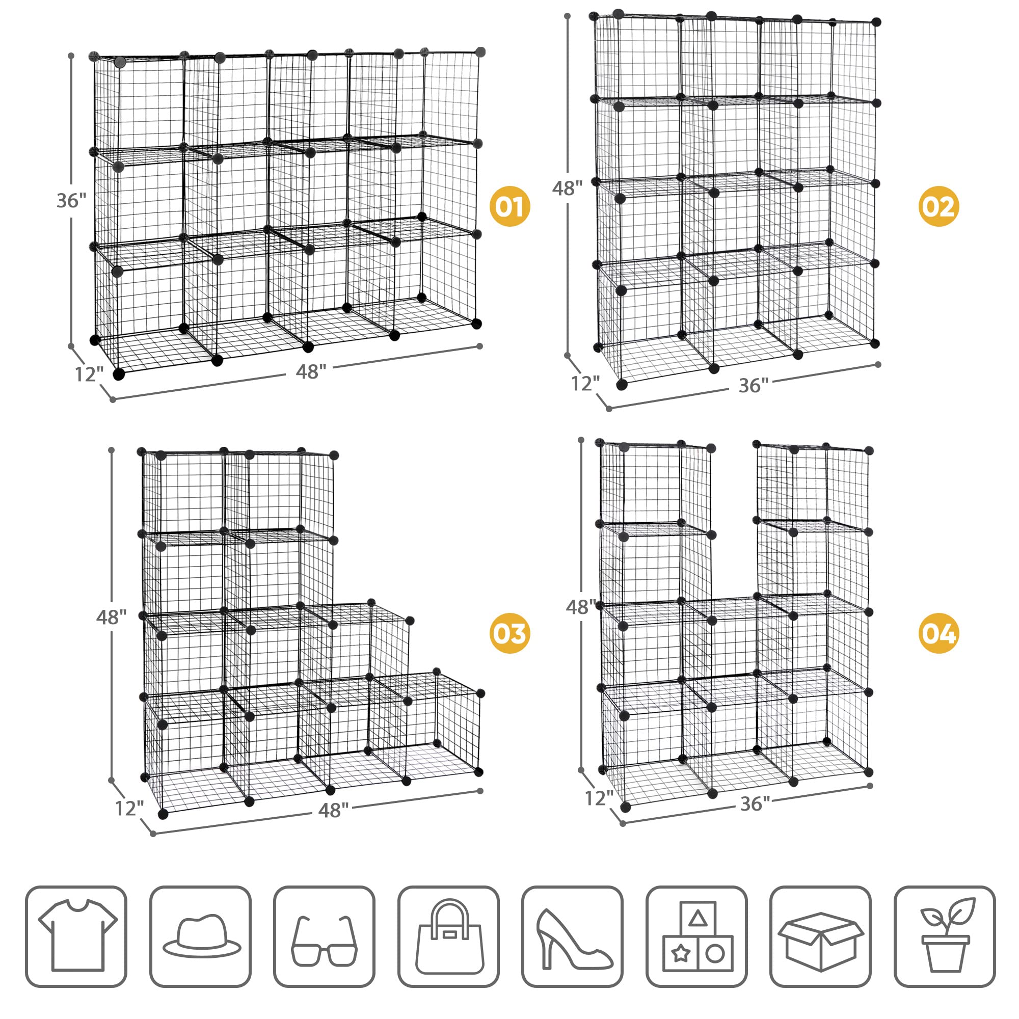 SUPER DEAL Metal Wire Cube Storage Organizer, 12 Cubes DIY Modular Cabinet Bookcase Bookshelf Shoe Rack Stackable Wire Cube Closet for Home, Office, Living Room, Bedroom