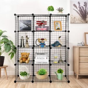 SUPER DEAL Metal Wire Cube Storage Organizer, 12 Cubes DIY Modular Cabinet Bookcase Bookshelf Shoe Rack Stackable Wire Cube Closet for Home, Office, Living Room, Bedroom