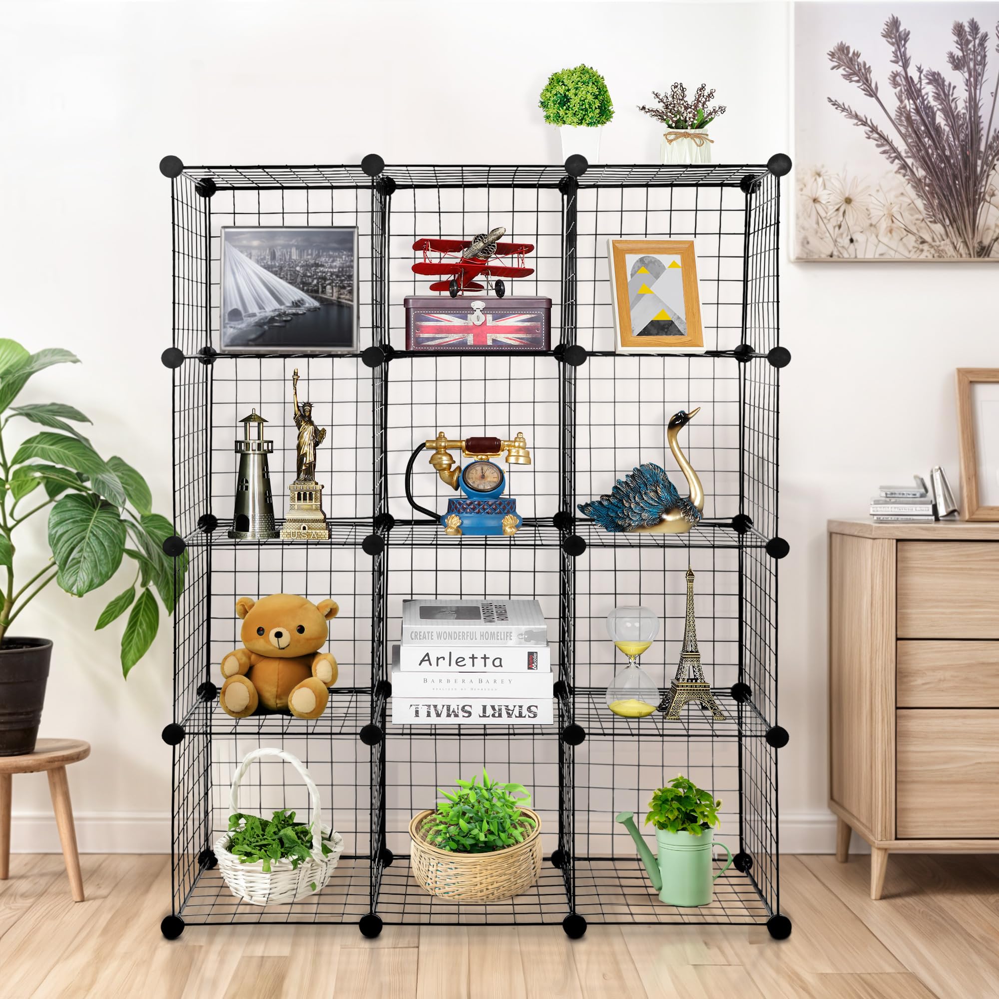 SUPER DEAL Metal Wire Cube Storage Organizer, 12 Cubes DIY Modular Cabinet Bookcase Bookshelf Shoe Rack Stackable Wire Cube Closet for Home, Office, Living Room, Bedroom