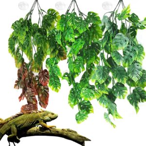 hamiledyi fake plant reptile tank hanging plants with suction cup 3pcs leaves vines for reptile tank bearded dragons,lizards,geckos,snake and hermit crab tank habitat decorations 30 inches green