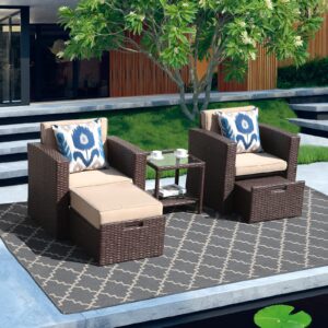 super patio 5 piece outdoor furniture set, pe wicker rattan small patio set balcony furniture, outdoor sofa with ottomans, tempered glass side table, beige cushions, for porch, deck, poolside