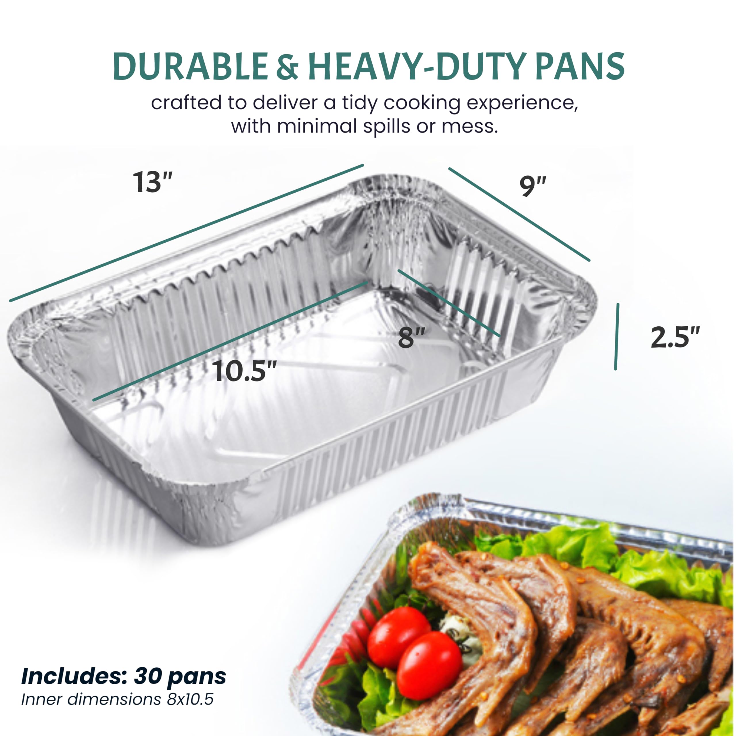 FUNSTITUTION Aluminum Foil Pans 9x13 (30 Pack) - Disposable Aluminum Baking Pans With High Heat Conductivity For Grilling, Cooking, Storing, Prepping, Disposable Aluminum Pans and Tin Foil Pan