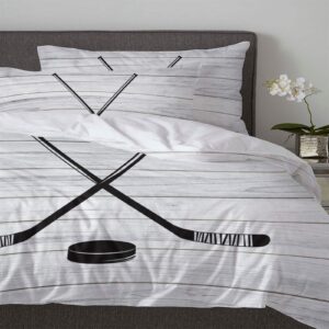 Luxury Bedding Duvet Cover Full, Sports Ice Hockey Duvet Quilt Cover and Pillow Shams 3 Piece Bedding Set, Rustic Wood Cotton Soft/Cozy Duvet Cover Set for Bedroom, Machine Washable