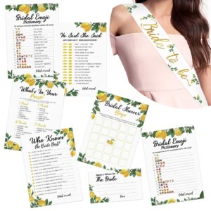 lemon bridal shower game with bride to be sash-set of 6 activities lemonade bridal shower bachelorette before wedding game for 50 guests- 300 cards total, 50 per game, gold