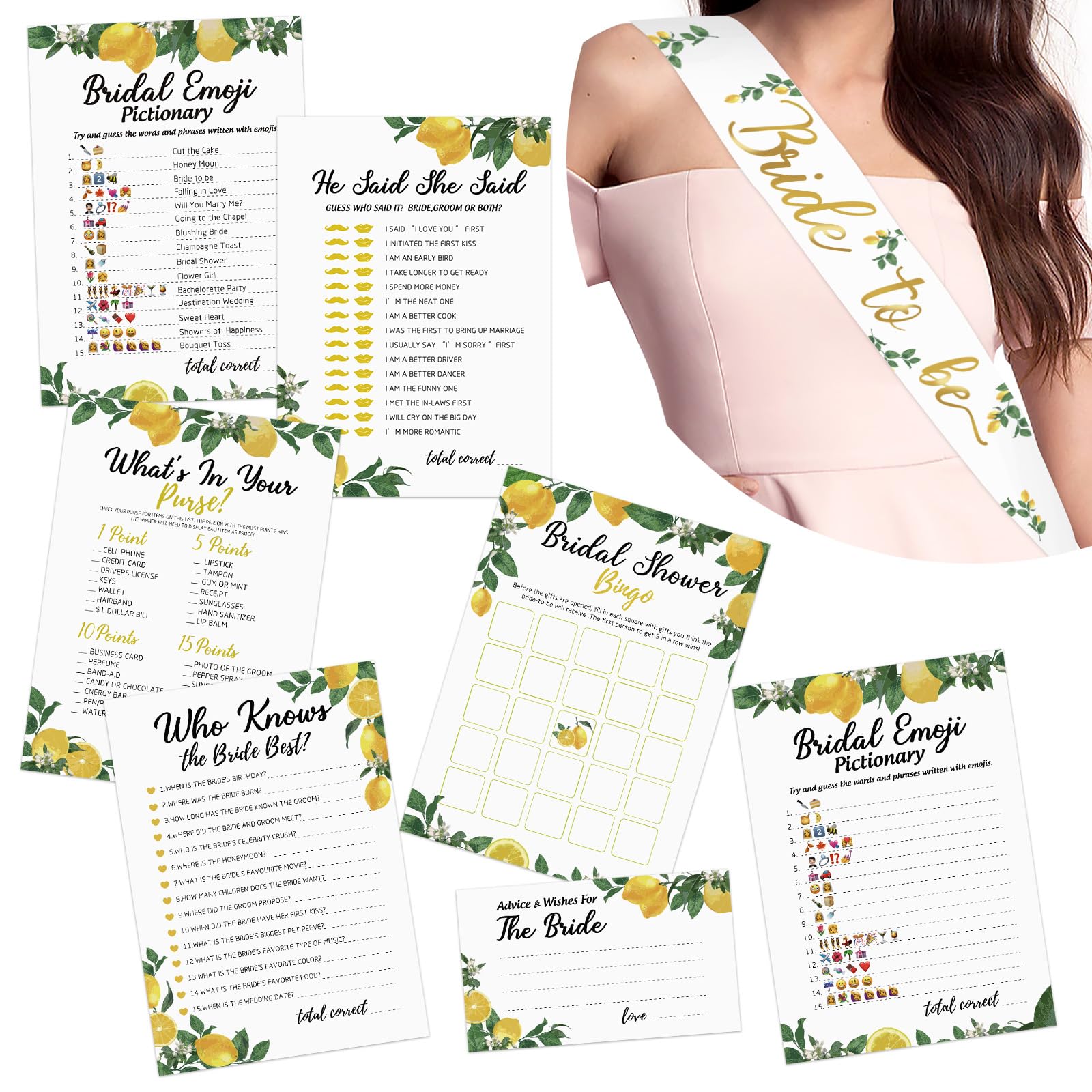 Lemon Bridal Shower Game with Bride to Be Sash-Set of 6 Activities Lemonade Bridal Shower Bachelorette Before Wedding Game for 50 Guests- 300 Cards Total, 50 Per Game, Gold