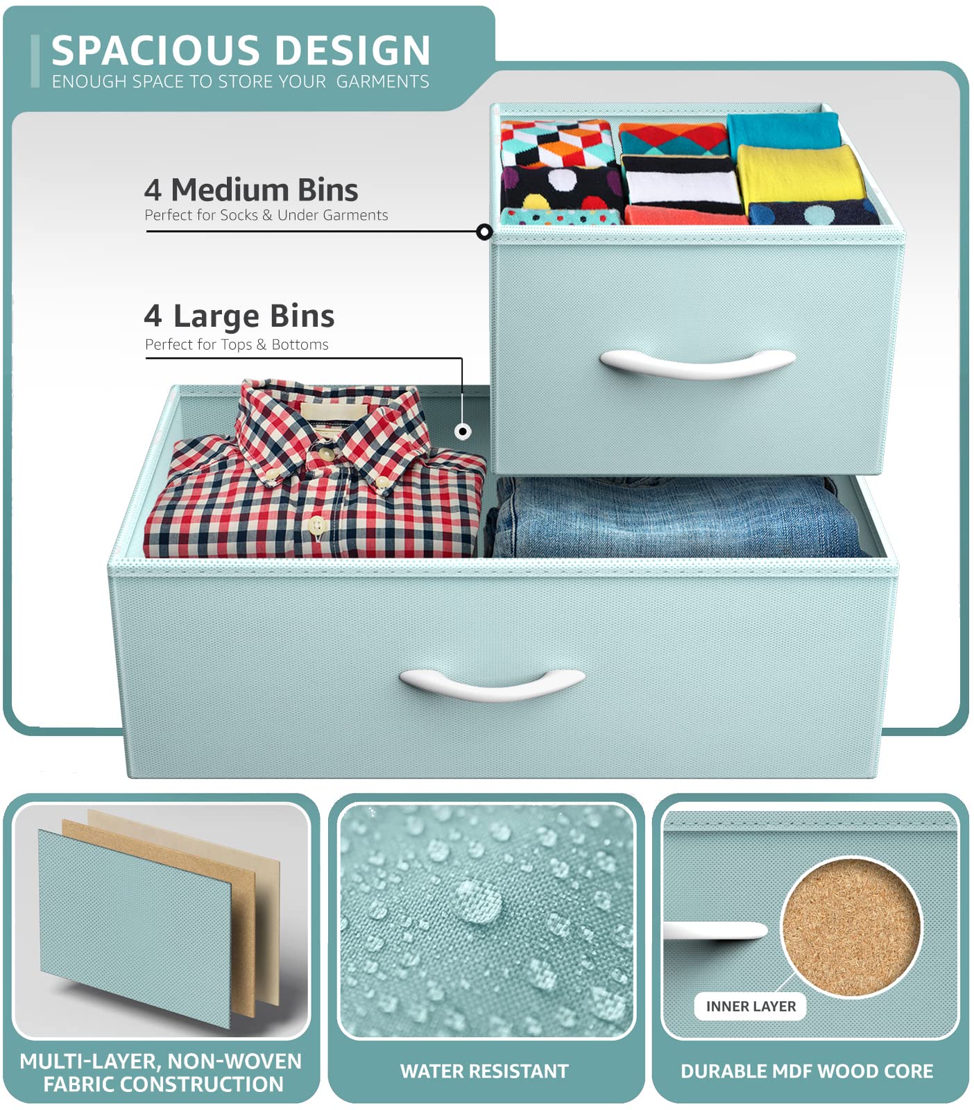 Sorbus Dresser with 8 Drawers - Furniture Storage Chest for Kid’s, Teens, Bedroom, Nursery, Playroom, Clothes, Toys - Steel Frame, Wood Top, Fabric Bins (Aqua)