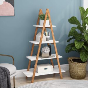 knocbel 4-tier bamboo ladder shelf storage shelves display rack, bookcase plant flower pots stand, 22 lbs capacity of each tier, 31.49" l x 11.73" w x 53.54" h (white and brown)