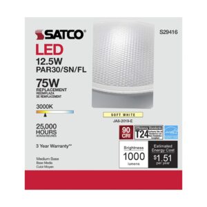 SATCO S29416 12.5 Watt 120 Volt; Reflector PAR30SN LED Light Bulb; 3000K Soft White; 40 deg. Beam Angle; E26 Medium Base, Dimmable (6 LED Light Bulbs)