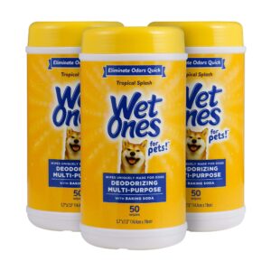 wet ones for pets deodorizing multi-purpose dog wipes with baking soda, 50 count - 3 pack| dog deodorizing wipes for all dogs in tropical splash scent, wet ones wipes for deodorizing dogs