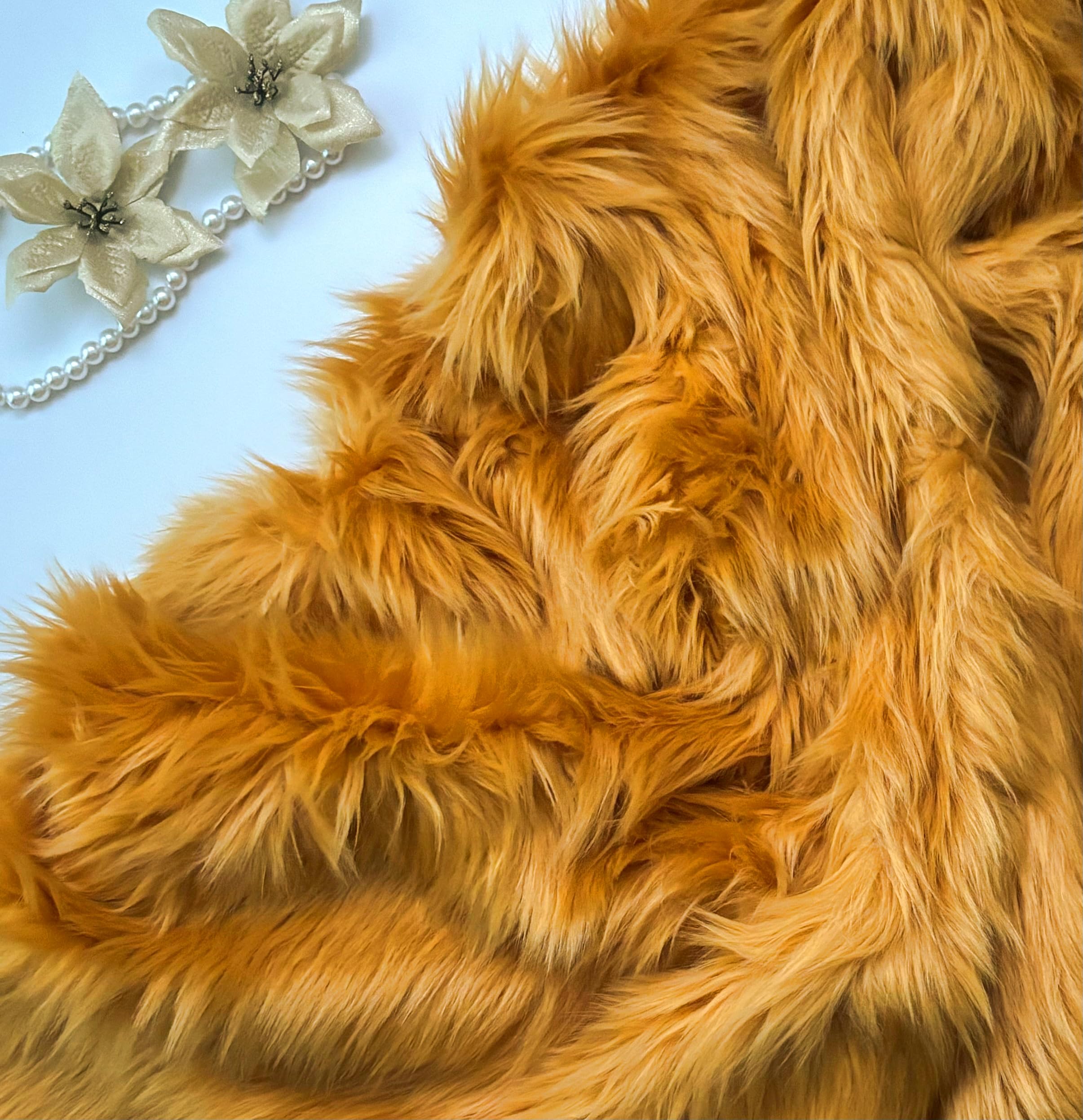 Bianna Gold Mustard Faux Fur Fabric, American Seller, Luxury Shag Shaggy Material for Crafting, Sewing, Costumes, Fursuits, Home Decor (12x12 inches)