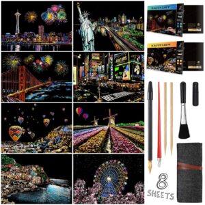 scratch painting kits for adults & kids, rainbow painting night view scratchboard(a4), crafts set: 8 sheets scratch cards with 6 tools in bag - new york, statue of liberty, seattle(america / europe)