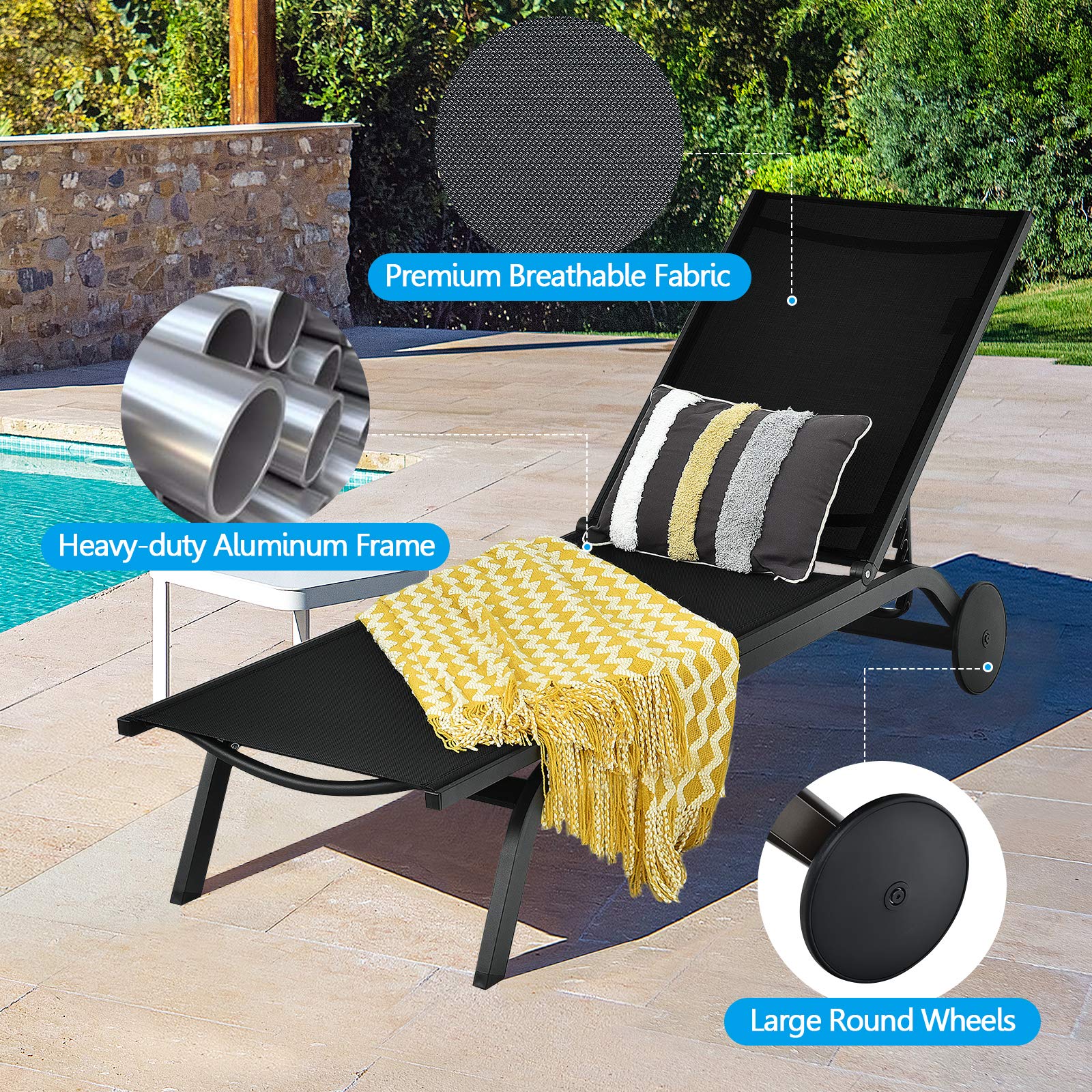 Giantex Lounge Chairs for Outside Patio Chaise Lounges Aluminum Recliner W/Adjustable 6 Backrest Positions and Wheels for Patio Beach Poolside Outdoor Sunbathing Chair(1, Black)