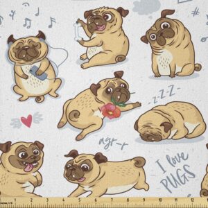 ambesonne dog lover fabric by the yard, i love pugs french bulldogs playing rose bouquets hearts listening, microfiber fabric for arts and crafts textiles & decor, 1 yard, pastel brown blue grey