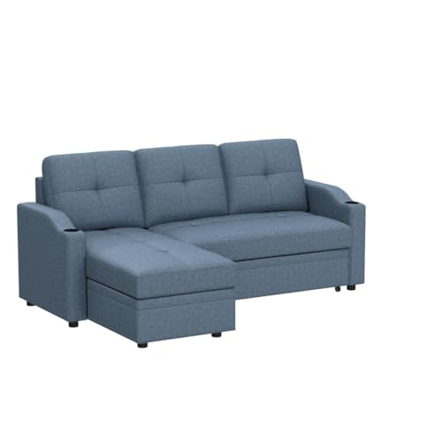 Merax 80.3'' Reversible Sleeper Sectional Sofa Couch with Pull-Out Sleeper, Corner Sofa Bed with Storage Chaise and Two Cup-Holders for Living Room Furniture Set (Blue)