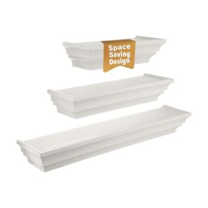 kiera grace madison classic crown molding floating wall shelves, robust engineered wood, easy assembly, ideal for home decor, 12" / 16" / 24", white, set of 3