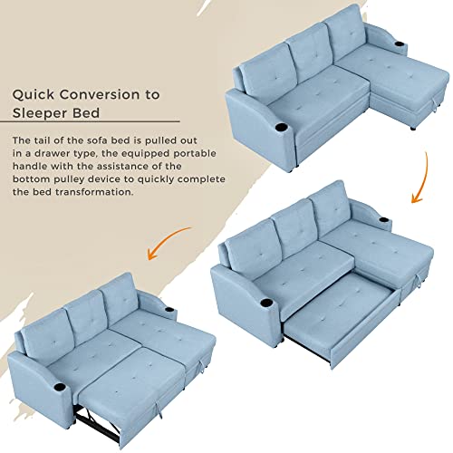 Merax 80.3'' Reversible Sleeper Sectional Sofa Couch with Pull-Out Sleeper, Corner Sofa Bed with Storage Chaise and Two Cup-Holders for Living Room Furniture Set (Blue)