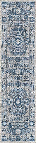 Unique Loom Outdoor Traditional Collection Area Rug - Timeworn (2' x 8' Runner, Blue/ Gray)