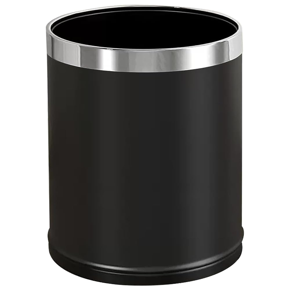 LEASYLIFE,Open Top Hotel Trash Can, Office Metal Black Waste Basket,Round Garbage Can for Hotel,Restaurant,Office