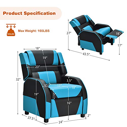 Giantex Kids Recliner, Gaming Recliner Chair with Footrest, Headrest & Lumbar Support, Ergonomic Leather Lounge Chair Toddler Furniture, Adjustable Racing Style Recliner Sofa for Boys Girls, Blue