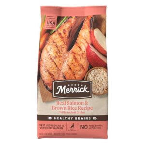 merrick healthy grains premium adult dry dog food, wholesome and natural kibble with salmon and brown rice - 4.0 lb. bag