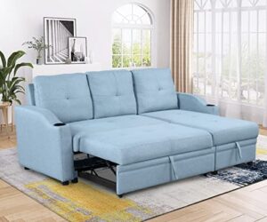 merax 80.3'' reversible sleeper sectional sofa couch with pull-out sleeper, corner sofa bed with storage chaise and two cup-holders for living room furniture set (blue)