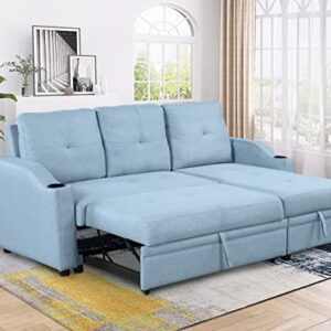 Merax 80.3'' Reversible Sleeper Sectional Sofa Couch with Pull-Out Sleeper, Corner Sofa Bed with Storage Chaise and Two Cup-Holders for Living Room Furniture Set (Blue)