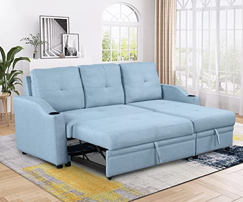 Merax 80.3'' Reversible Sleeper Sectional Sofa Couch with Pull-Out Sleeper, Corner Sofa Bed with Storage Chaise and Two Cup-Holders for Living Room Furniture Set (Blue)