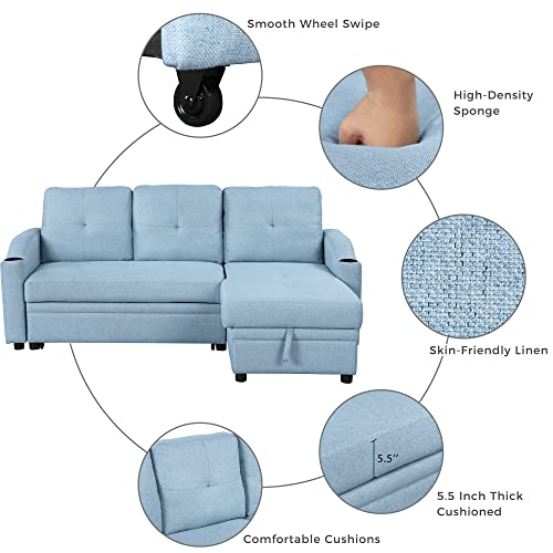 Merax 80.3'' Reversible Sleeper Sectional Sofa Couch with Pull-Out Sleeper, Corner Sofa Bed with Storage Chaise and Two Cup-Holders for Living Room Furniture Set (Blue)