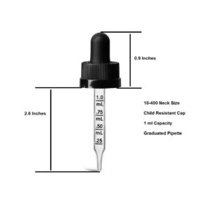 Comfort Axis Child Resistant Calibrated Glass Eye Dropper for 1/2 oz Bottle, Black, 18-400 Neck Finish, 1 mL Capacity (4 Pack)