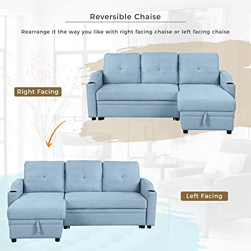 Merax 80.3'' Reversible Sleeper Sectional Sofa Couch with Pull-Out Sleeper, Corner Sofa Bed with Storage Chaise and Two Cup-Holders for Living Room Furniture Set (Blue)